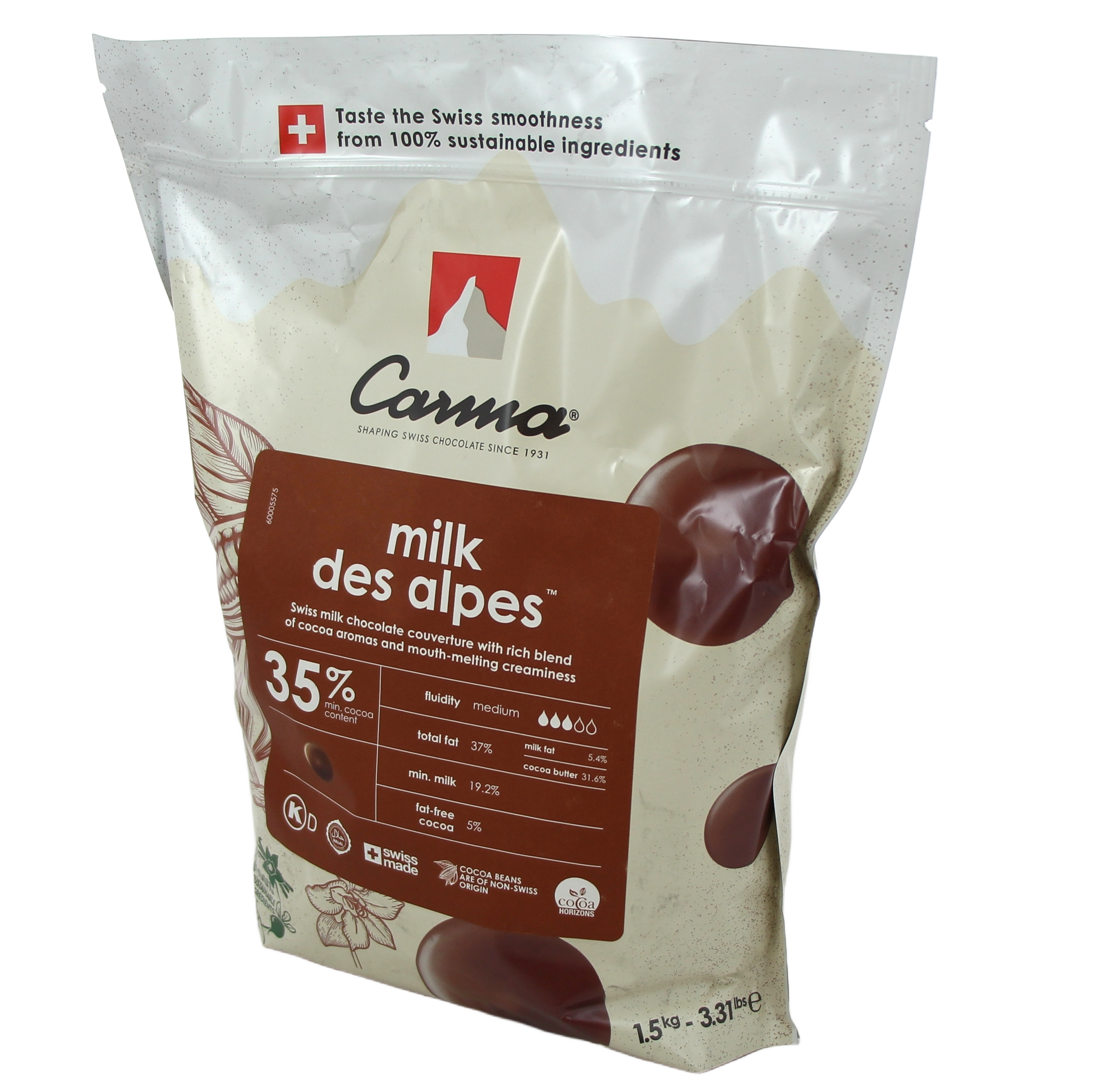 Pistoles de chocolat lait Milk des Alpes Carma 35% 1,5 kg